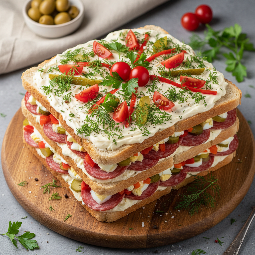 Greitas sumuštinių tortas su saliamiu: lengva vakarienė
